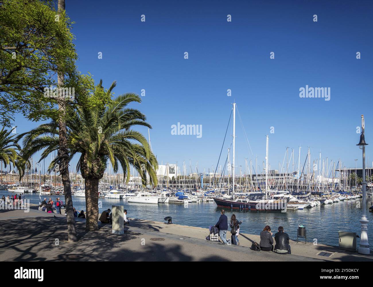 Urban marina pedestrian promenade in port vell area of barcelona spain ...