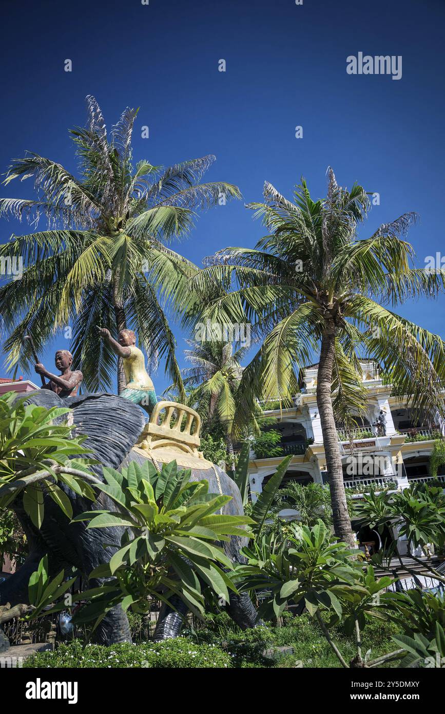 Monument and french colonial style buildings in central siem reap city ...