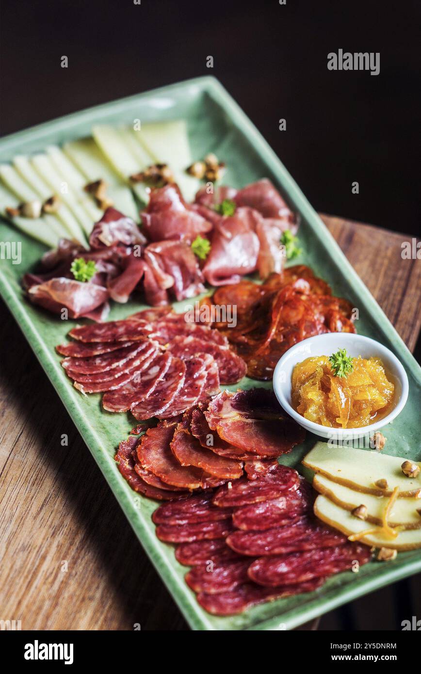 Spanish traditional smoked meats serrano ham chorizo and cheese platter ...