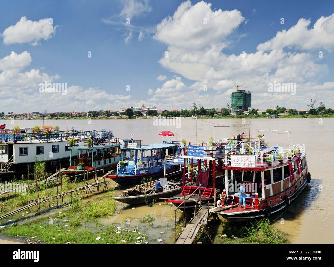 Tourist river tour old wooden boats in riverside phnom penh city ...