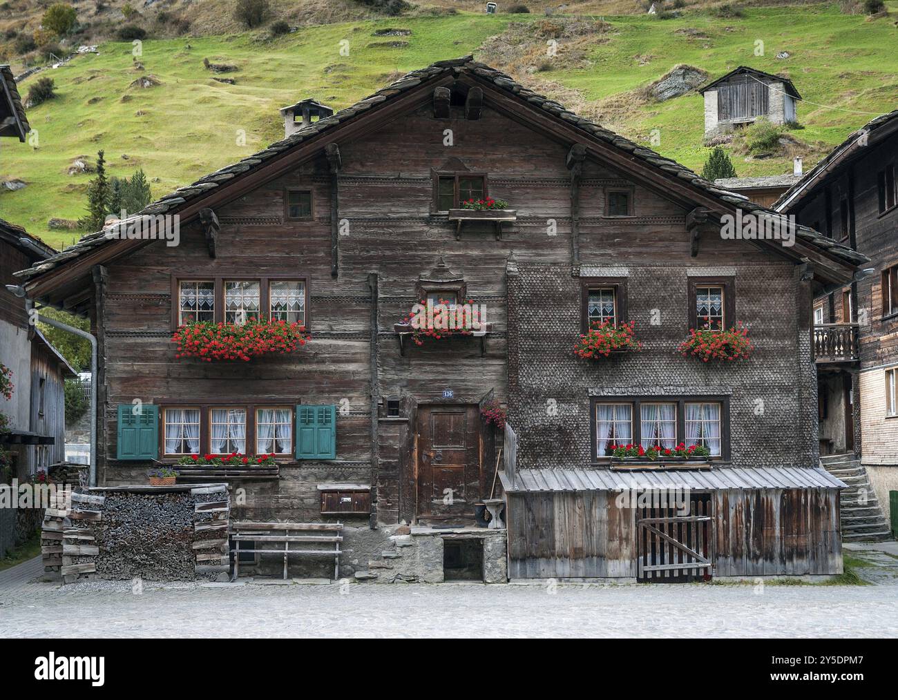 Traditional swiss alps rural wood houses in vals village of alpine ...