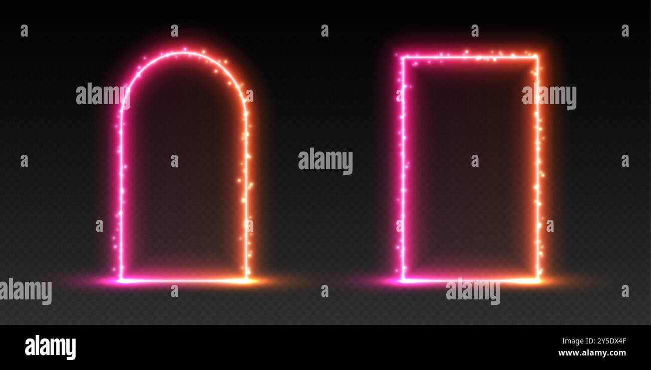 Neon door and arch with sparkles, gradient glowing portal, futuristic ...