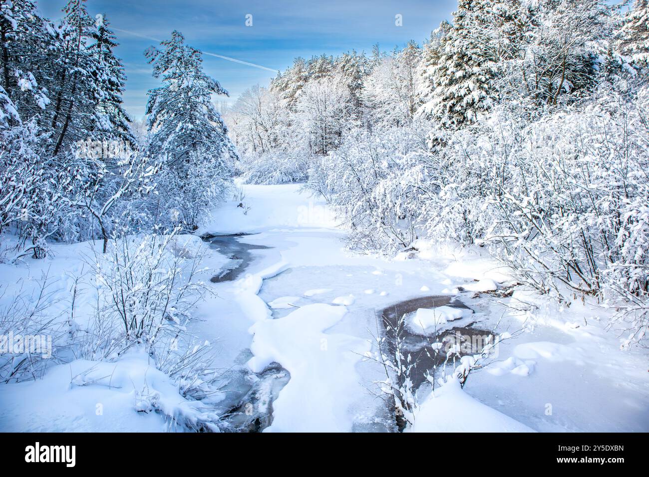 Frozen stream running through a Wisconsin forest, horizontal Stock ...