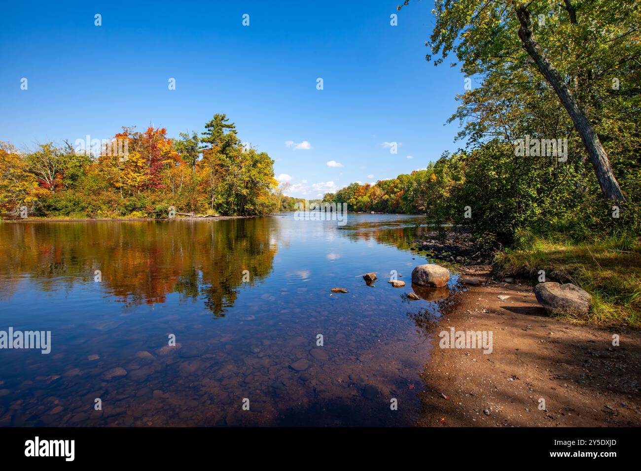 Reflection of a colorful forest in the Wisconsin River, horizontal ...