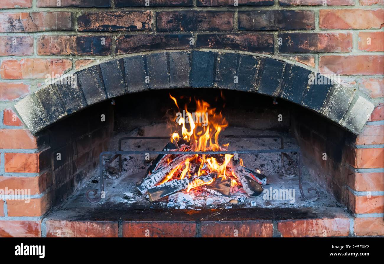 Traditional brick oven for cooking and baking food. Firewood burns in ...