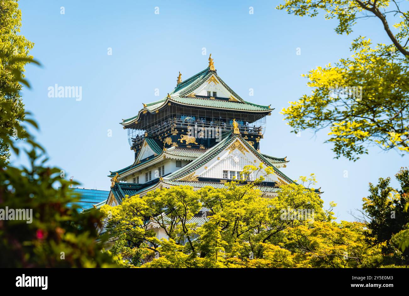 Detail view with Osaka Castle, the most famous landmark and popular ...