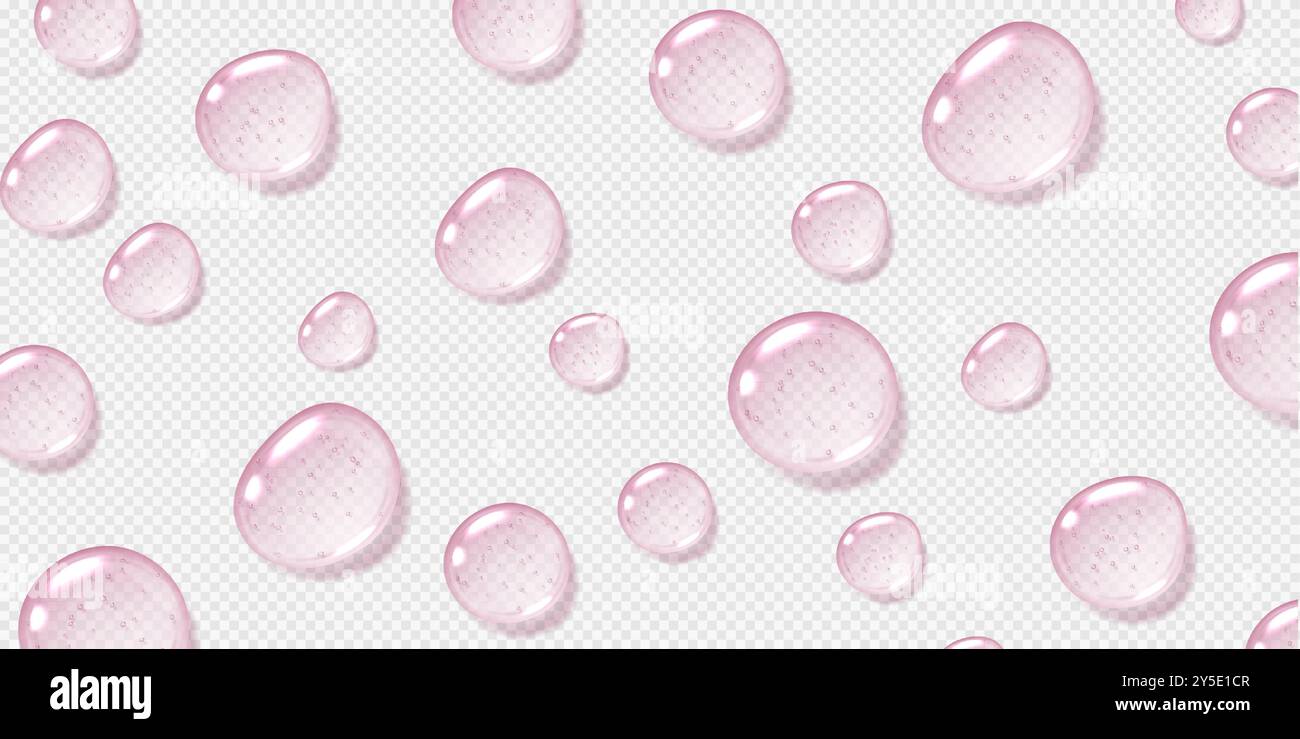 Pink serum drops, transparent gel droplets, realistic glossy liquid ...