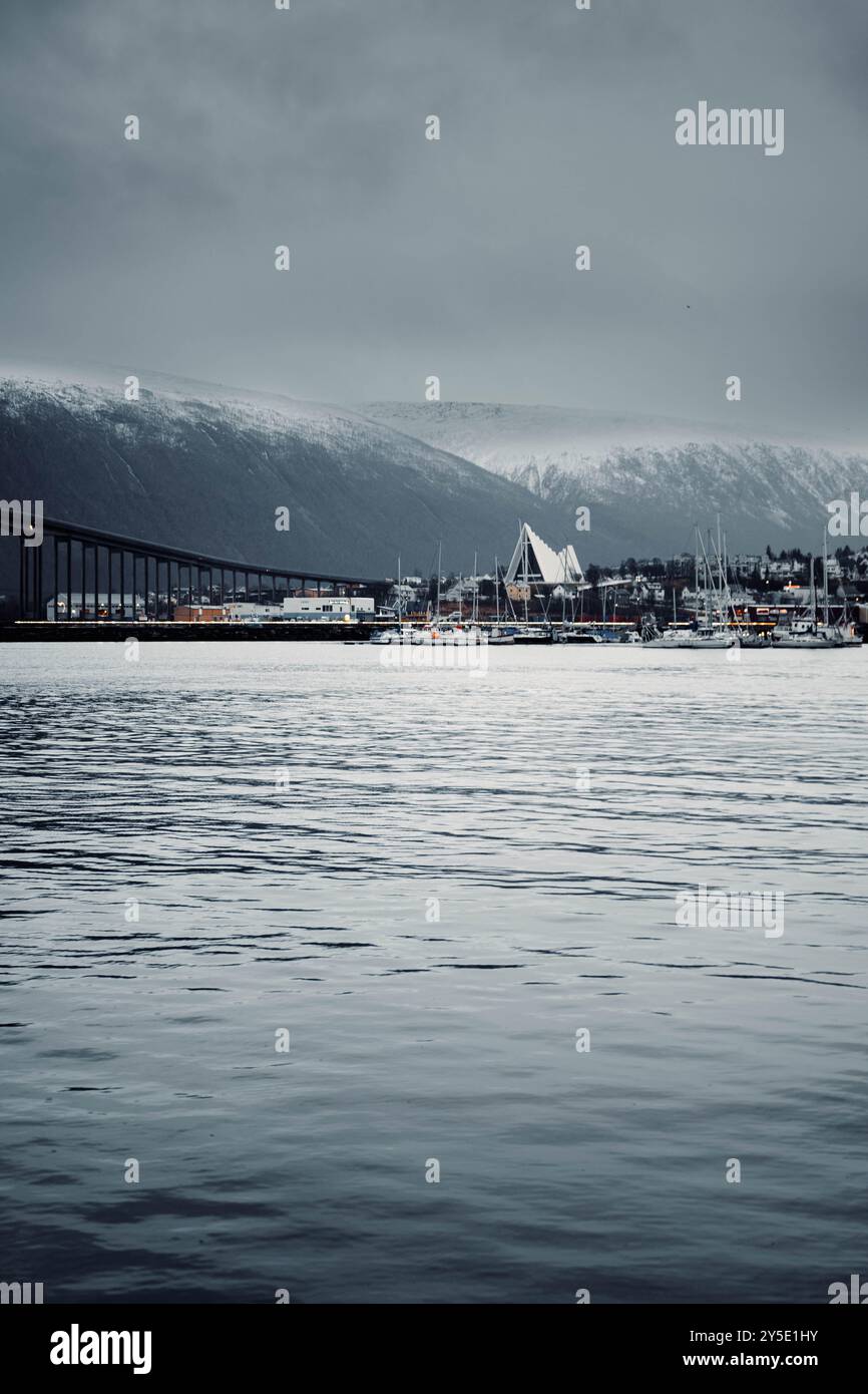 Tromso bridge leading to the Arctic Cathedral across strait in Tromso ...