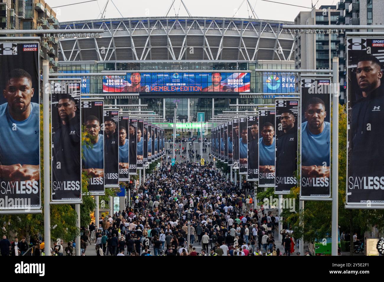 London, UK. 21 September 2024. Boxing fans arrive at Wembley Stadium ...