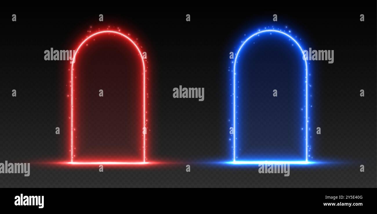 Neon arches with sparkles, red and blue glowing portals, futuristic ...