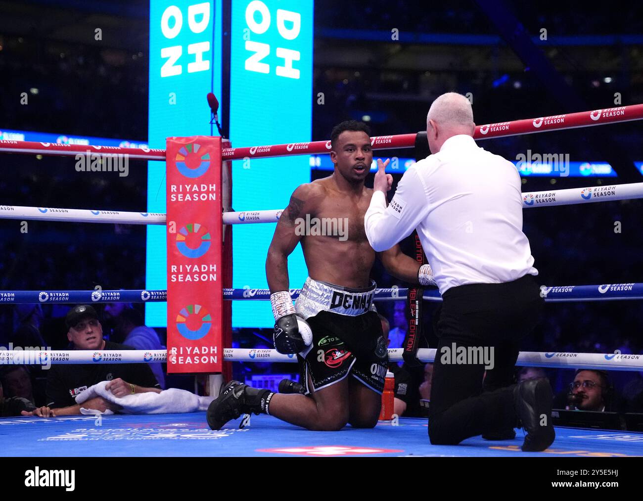 Tyler Denny checked on by the referee in the EBU European Middle weight ...