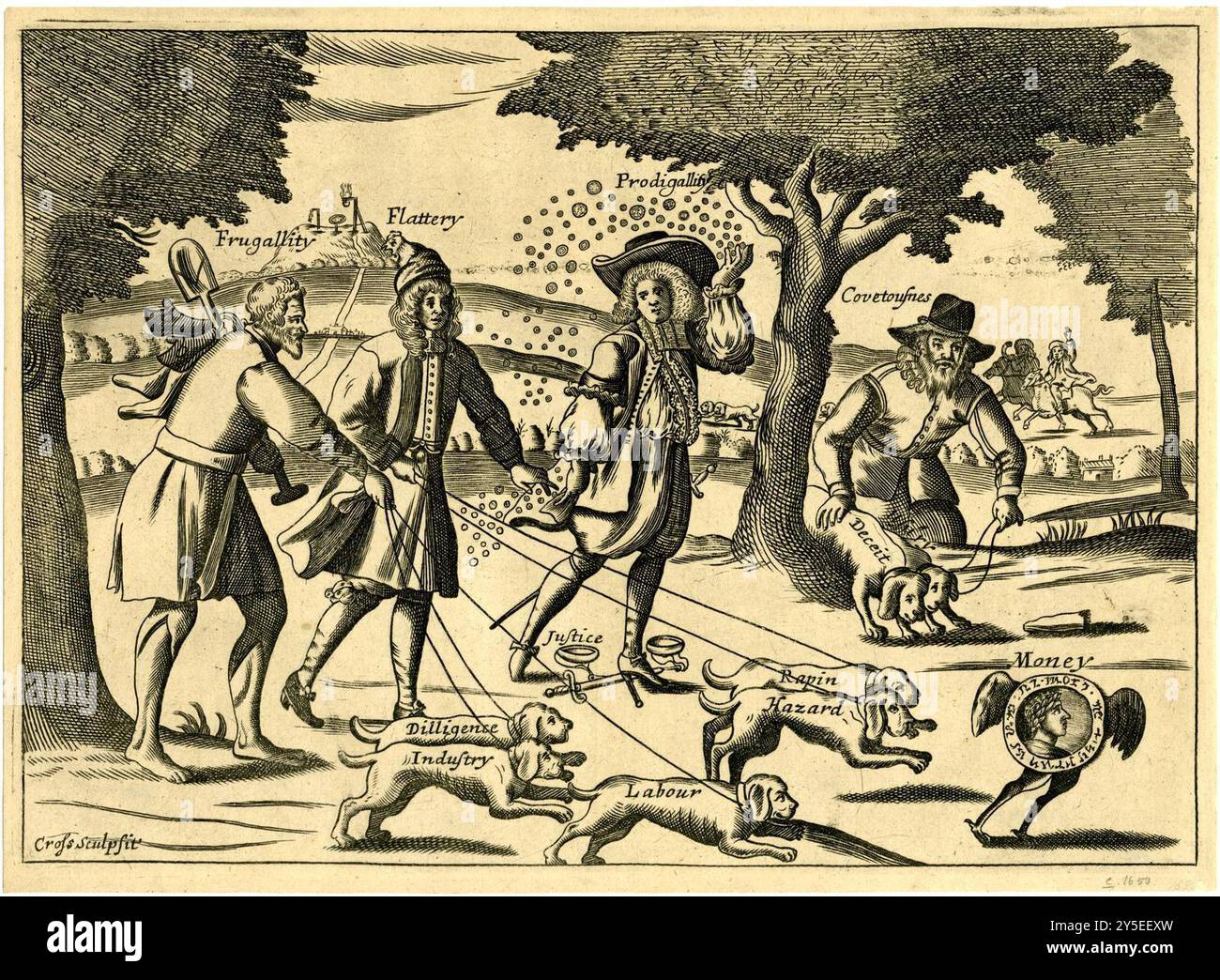 Satire on the pursuit of money; a rural scene with four men labelled ...