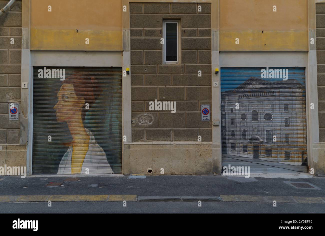 Urban street art on roller shutters depicting portrait and architecture ...