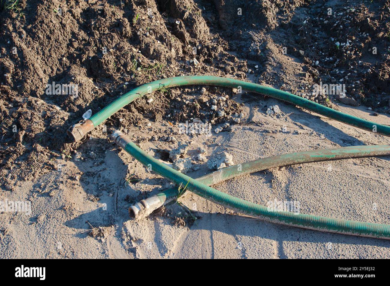 Wide close up view of a green hose in bright sun laying in dry sand on ...