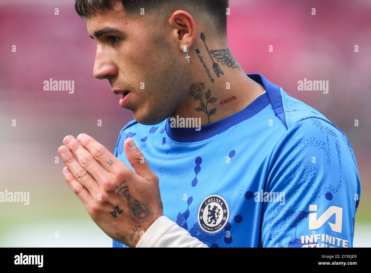 The neck tattoos of Enzo Fernández of Chelsea during the Premier League ...