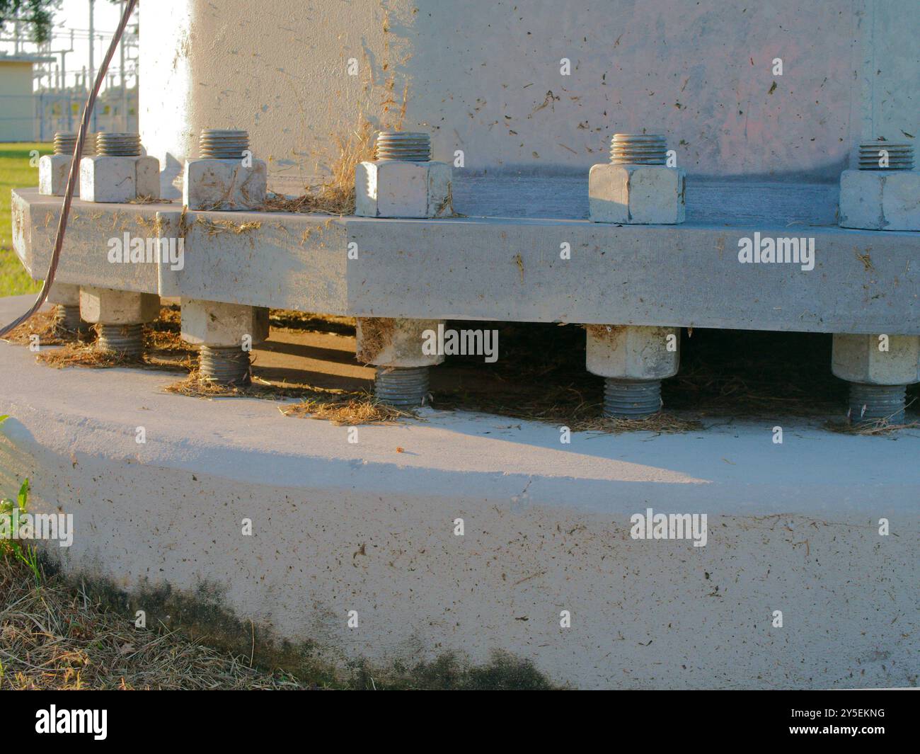 Low Wide close up view near sunset of the lower part of a large metal ...