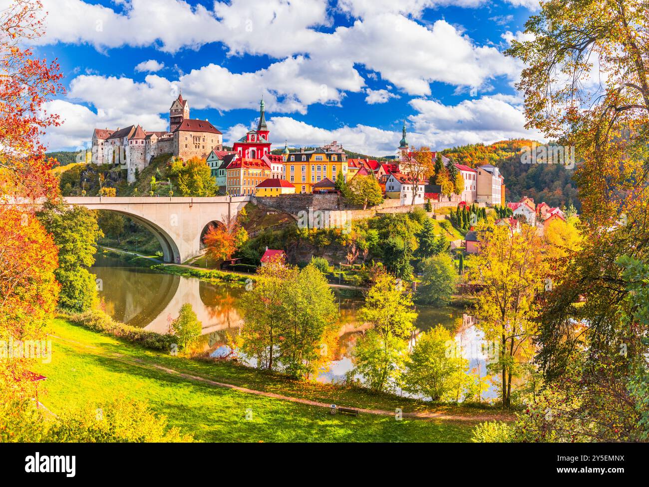 Loket, Czech Republic. Picturesque autumn landscape of Bohemia features ...