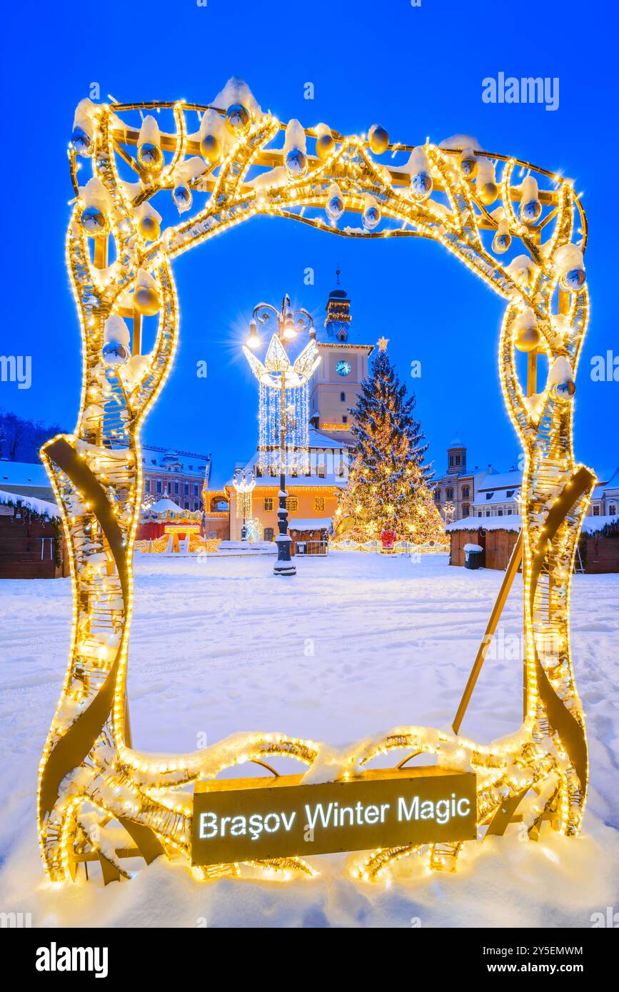 Brasov, Romania. Christmas Market with glowing lights, giant X-Mas Tree ...