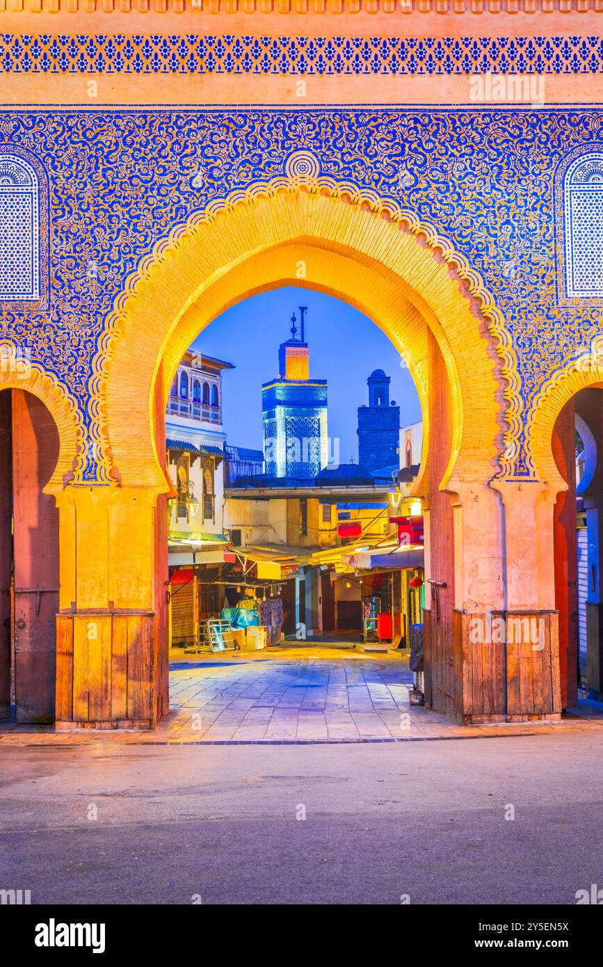 Fes, Morocco. Bab Boujeloud, Blue Gate and Minaret of Madrasa Bou ...