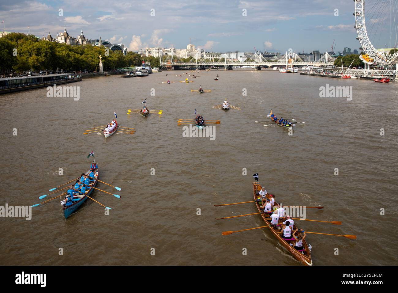 London, UK. 21st Sep, 2024. Rowing boats approach Westminster Bridge ...