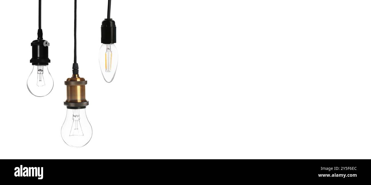 Different incandescent light bulbs on white background, space for text ...