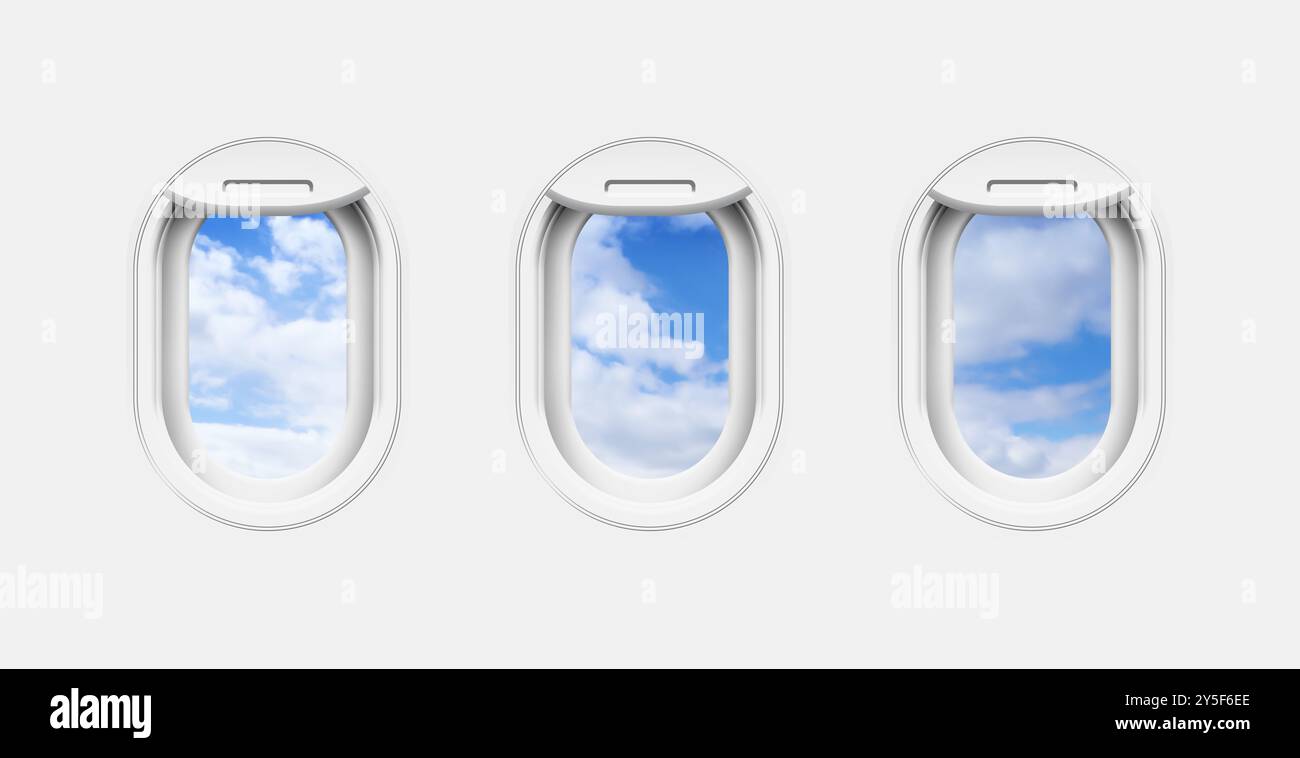 Beautiful sky with clouds, view through airplane windows in white ...