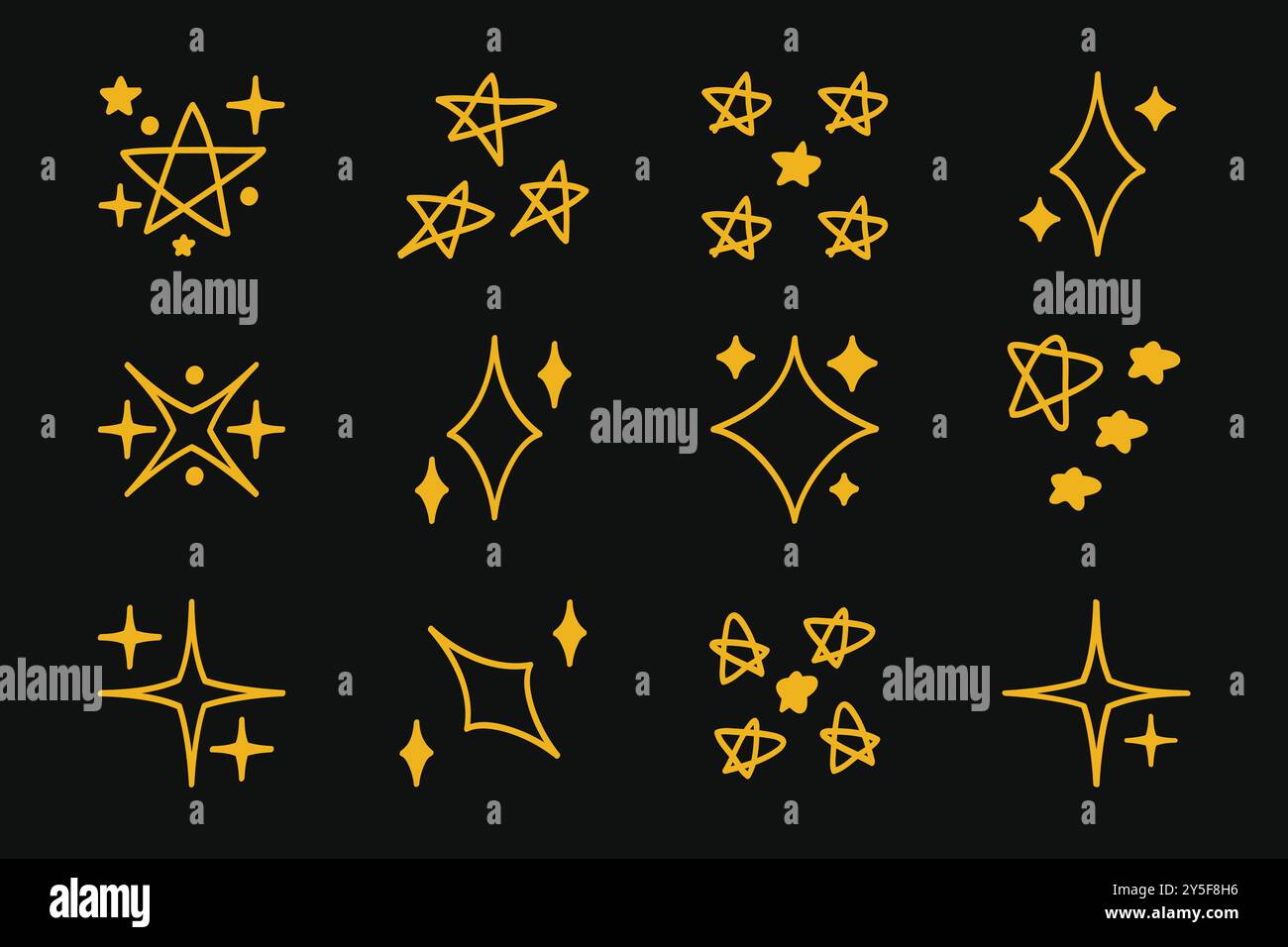 Hand drawn gold star collection on black background.Vector illustration ...