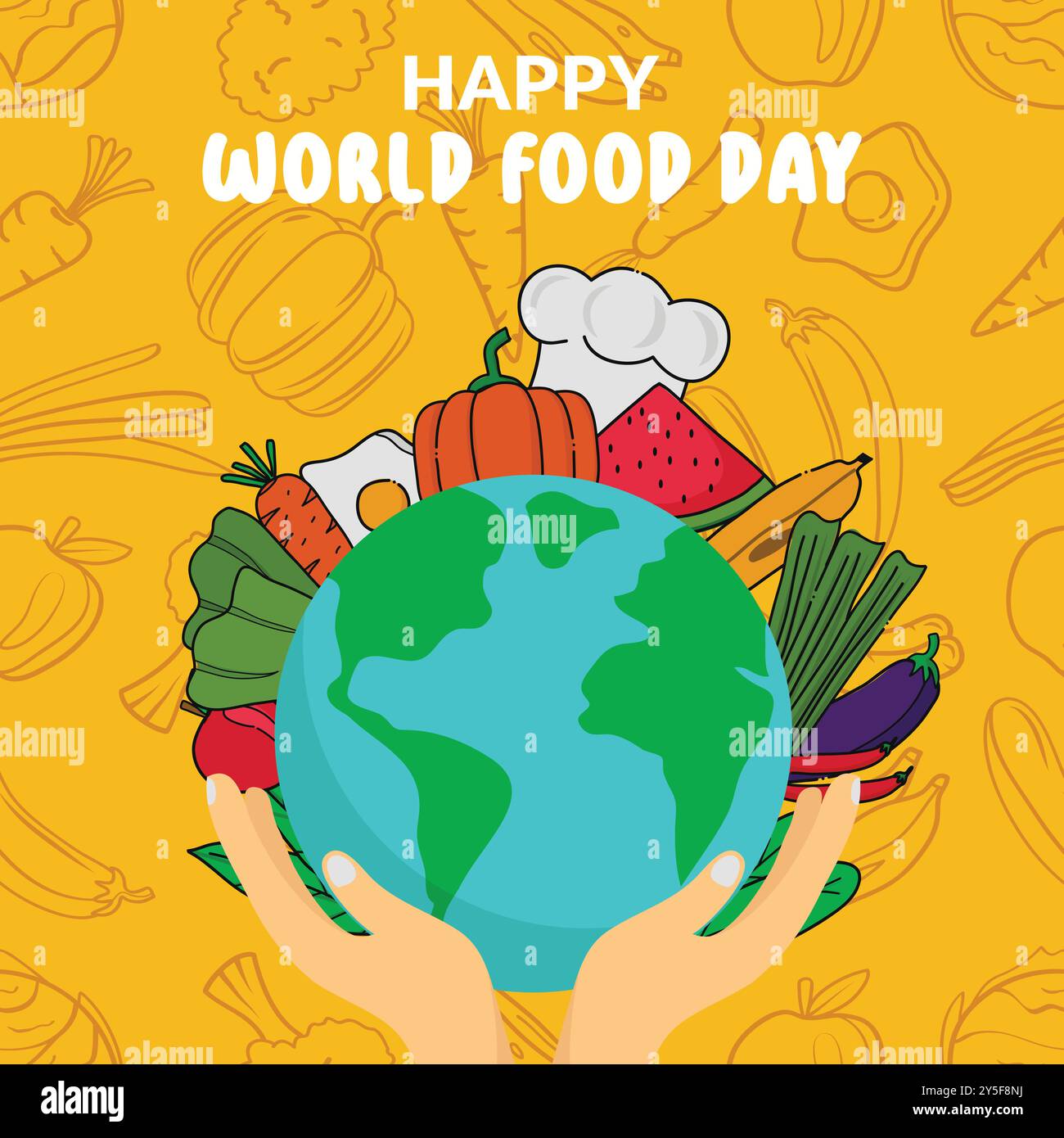 World Food Day poster including hands holding globe surrounded foods ...