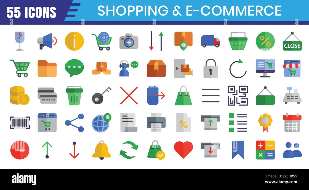 E-Commerce icons set. Online shopping flat icon collection. Editable stroke. Vector illustration ...