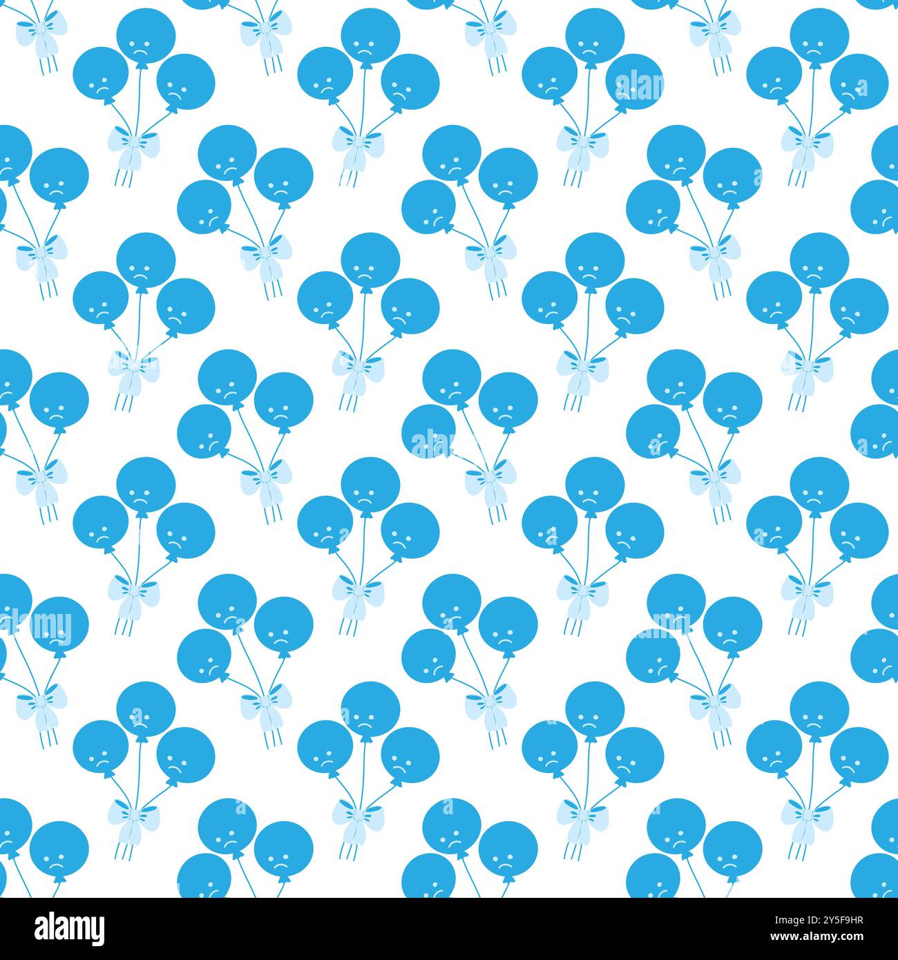Monochrome round Blue Balloons with sad faces tied ribbon bow Seamless ...