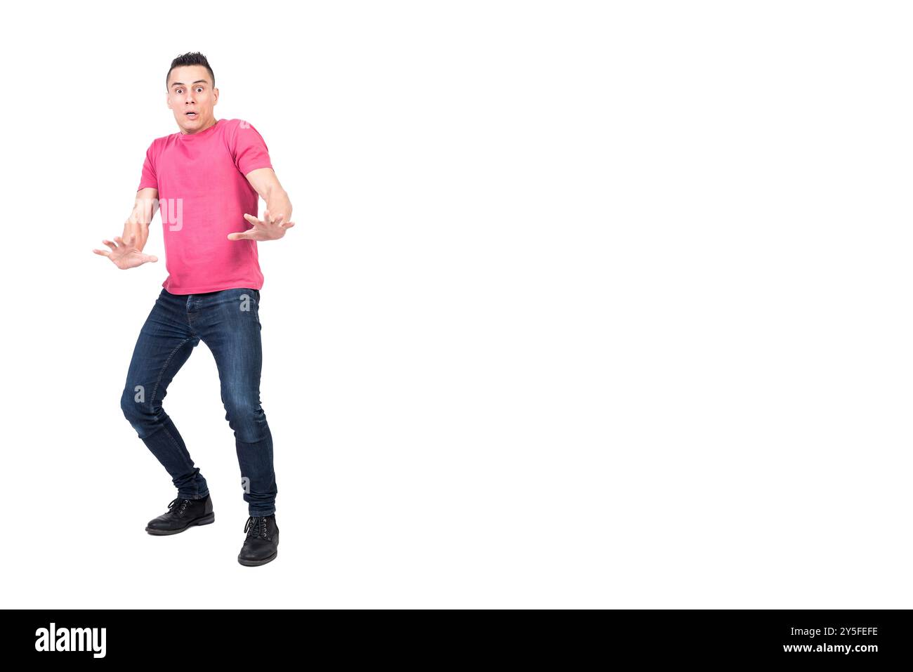 Afraid man evading from danger. White background Stock Photo - Alamy