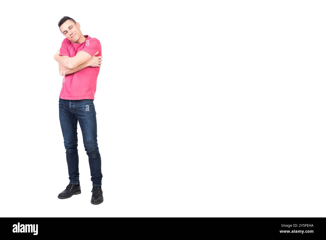 Sincere man smiling and embracing shoulders. White background Stock ...