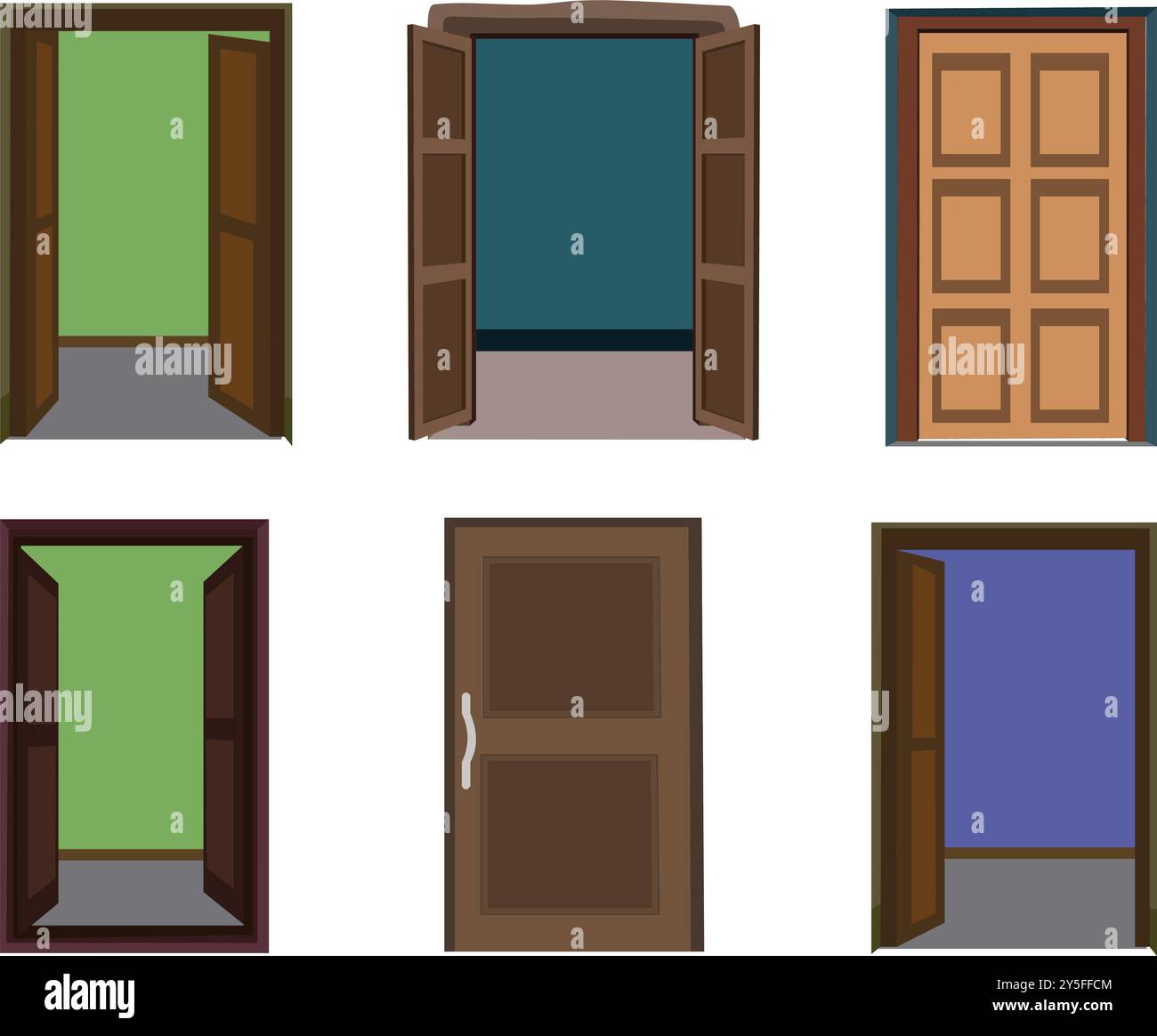 Open and closed door collection. Cartoon entrance and exit doors with ...
