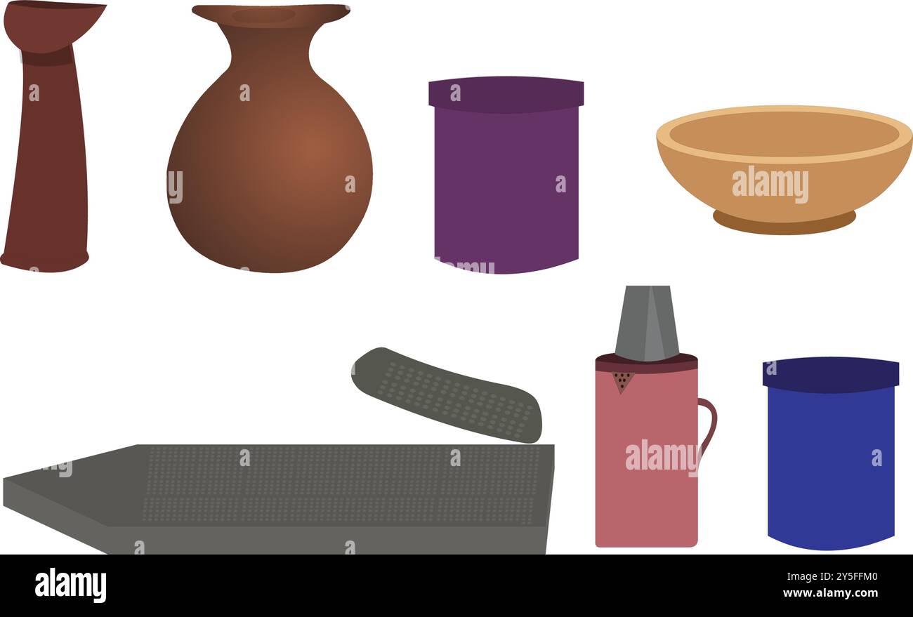 Kitchen utensils set vector illustration.water pot, bowl, jars water ...