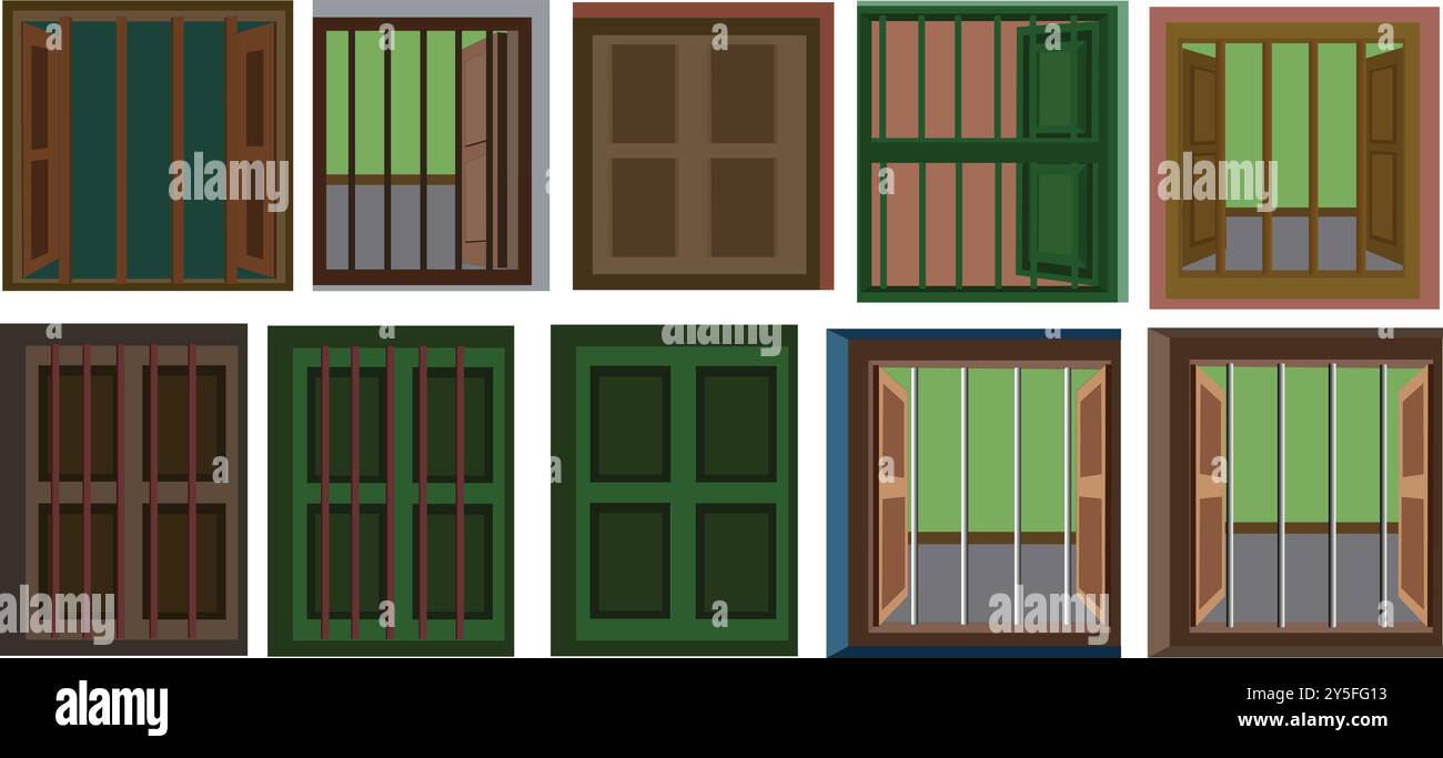 Set of square shaped wooden windows. Windows collection open and closed ...