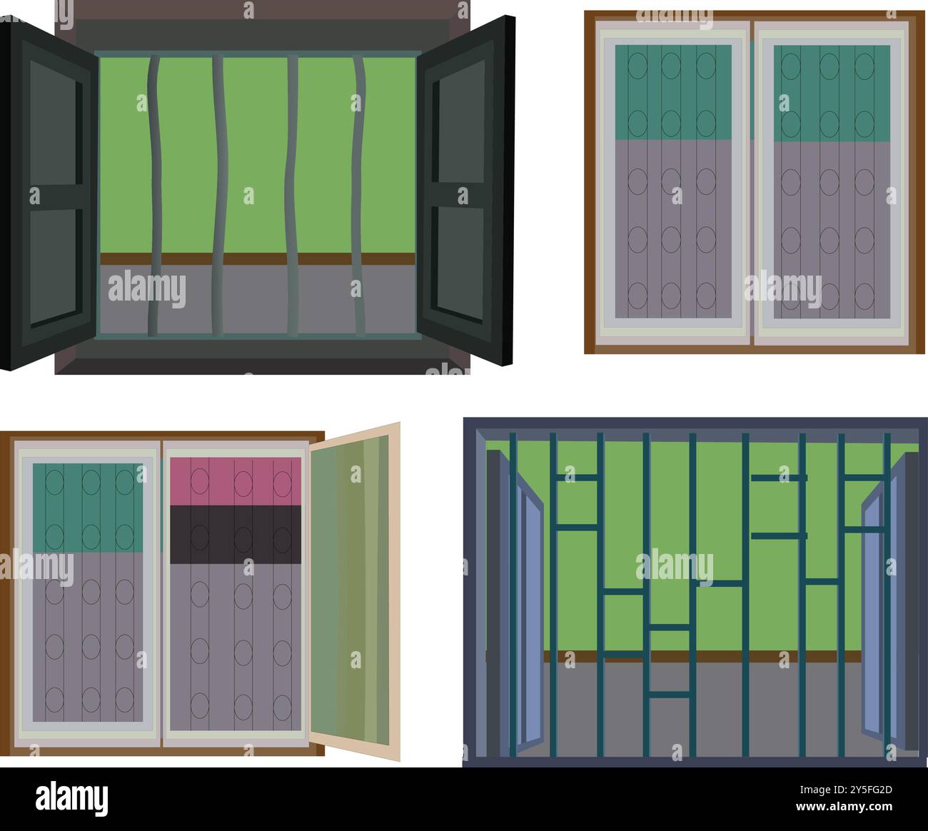 Modern stylish windows collection.Set of indian village windows.open and closed windows group ...