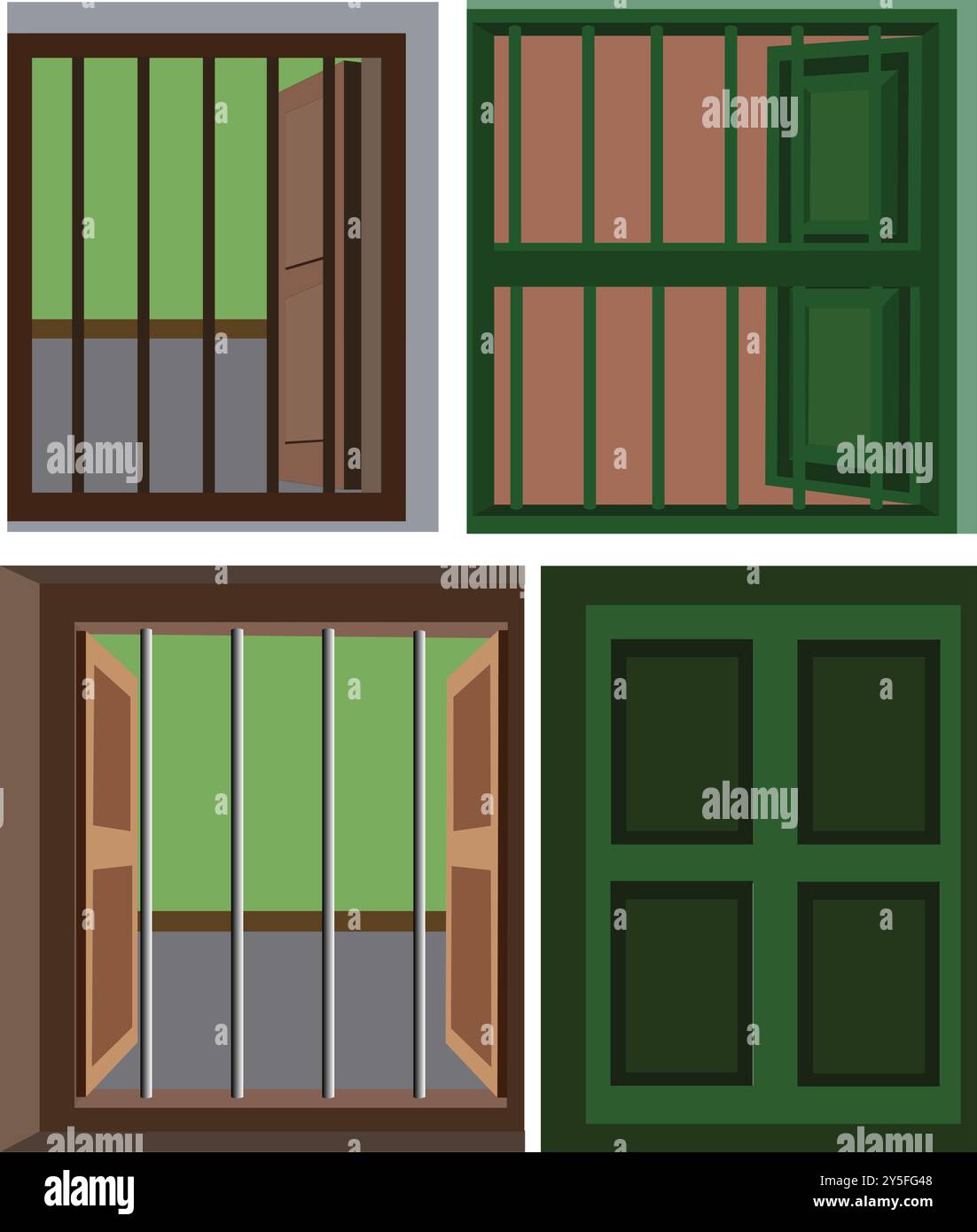 Collection of woodend windows. Open and closed windows set for cartoon ...