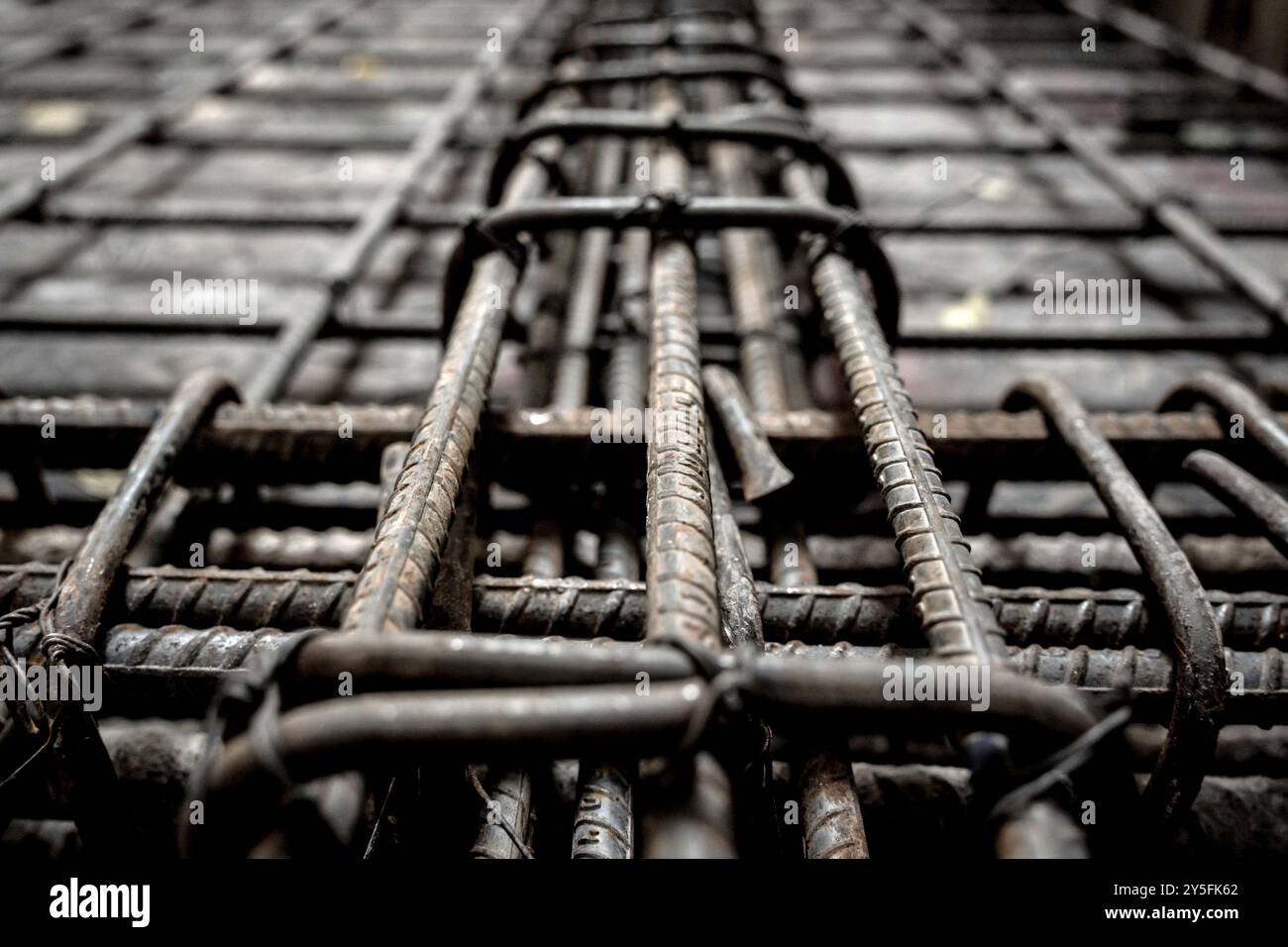 A construction site displaying a reinforced concrete foundation with ...