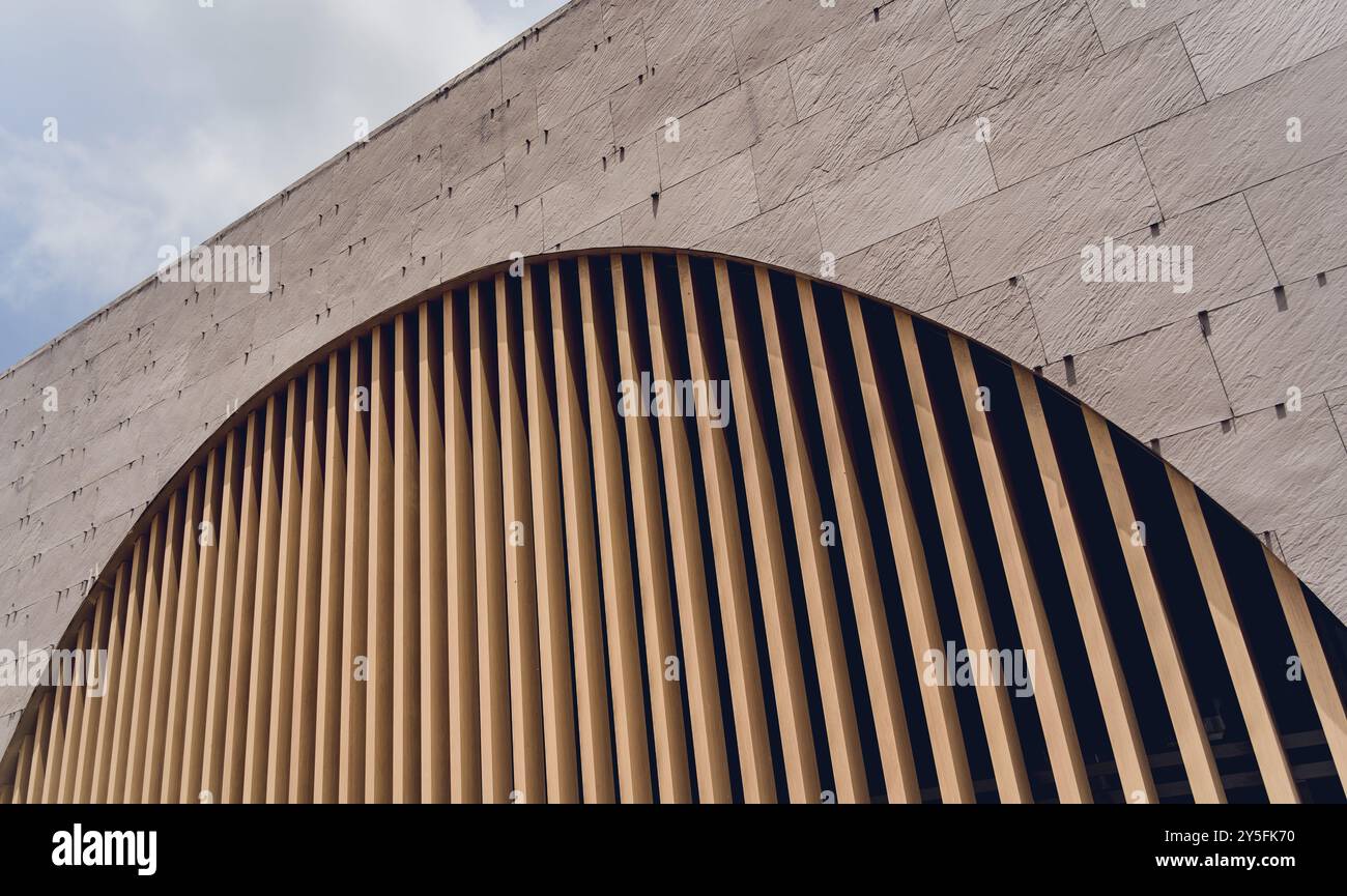 A structure featuring wooden slats on construction site contributing to ...
