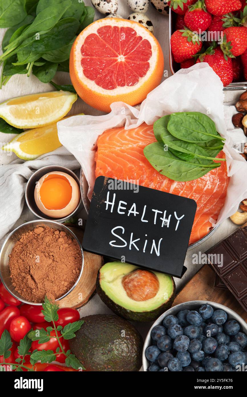 Food for healthy skin. Assortment of various natural food products high ...