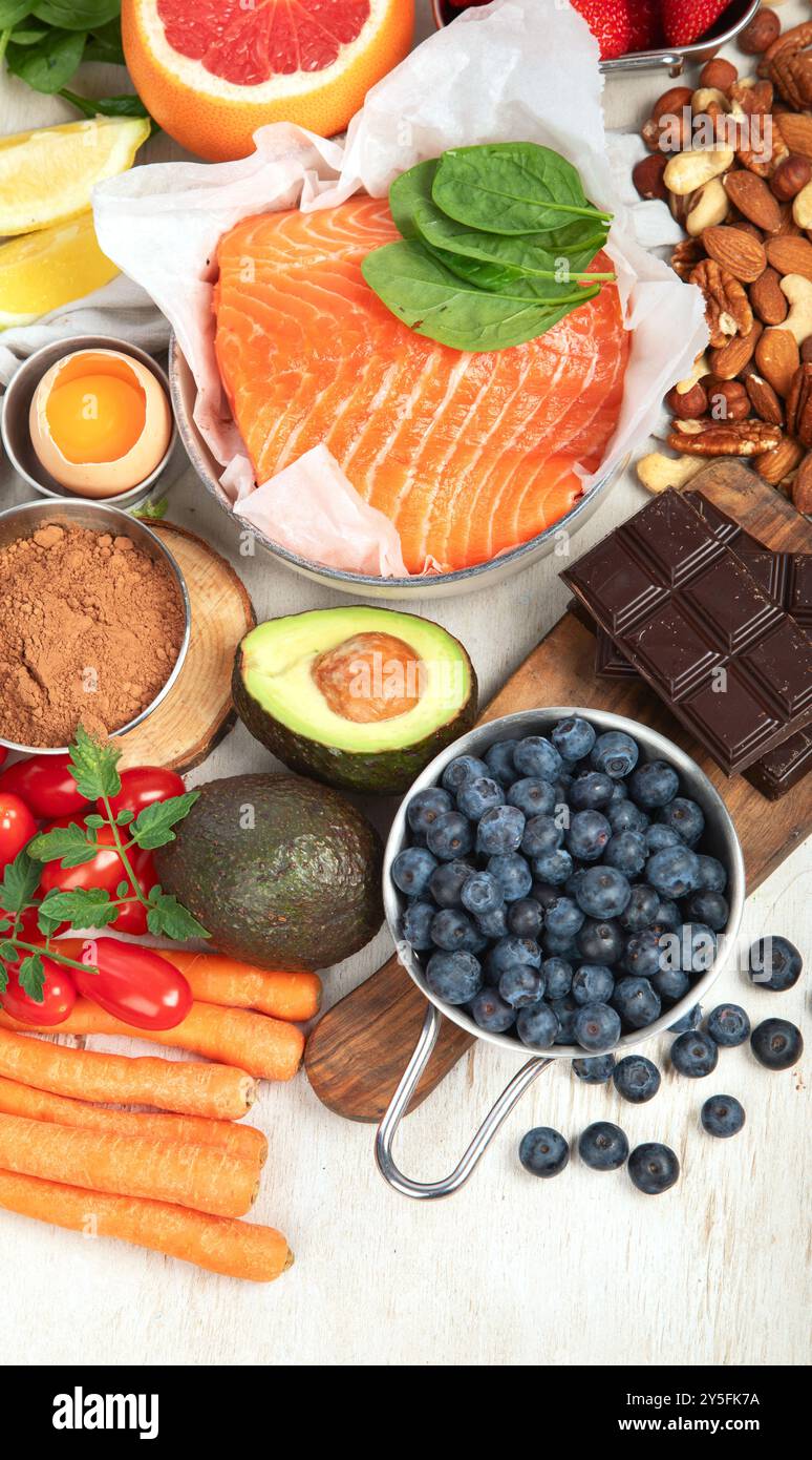 Food for healthy skin. Assortment of various natural food products high ...