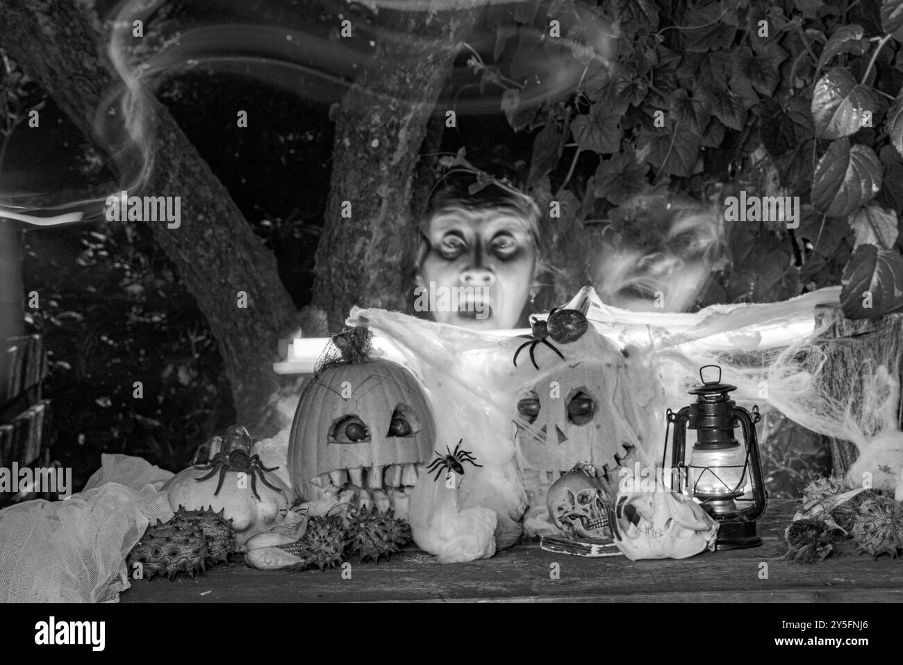 Scary pumpkin halloween surrounded Black and White Stock Photos ...