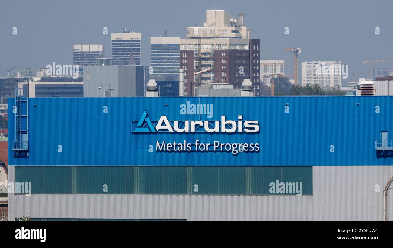 20 September 2024, Hamburg: The lettering "Aurubis, Metals for Progress" can be seen on a ...
