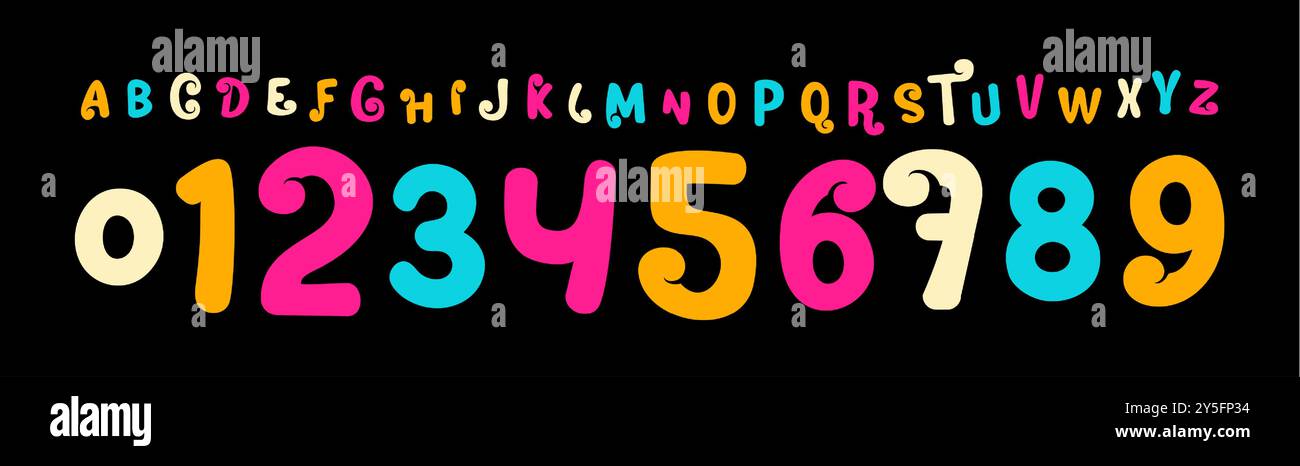 Whimsical font with playful curves and bright bold colors, numbers and ...