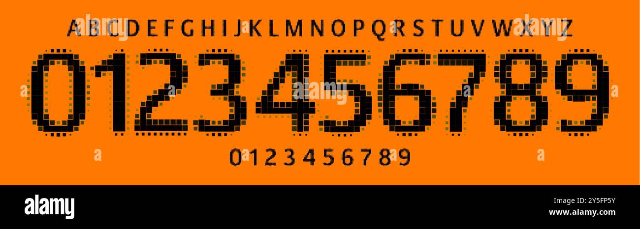 Retro pixelated font, nostalgic arcade style numbers and letters with ...
