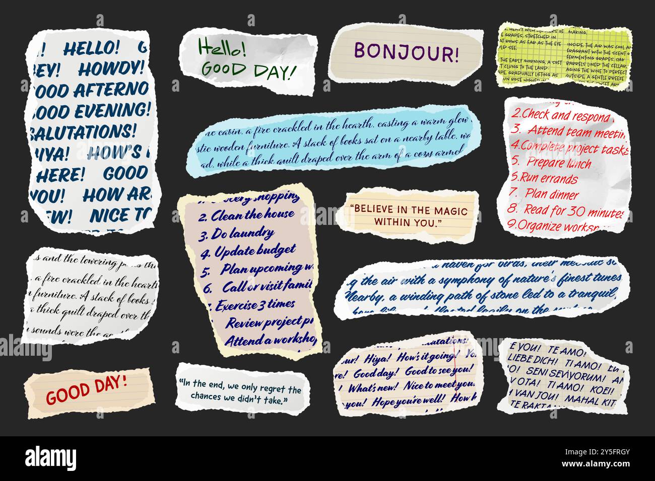 Ripped paper strips with handwritten text. Realistic crumpled paper ...