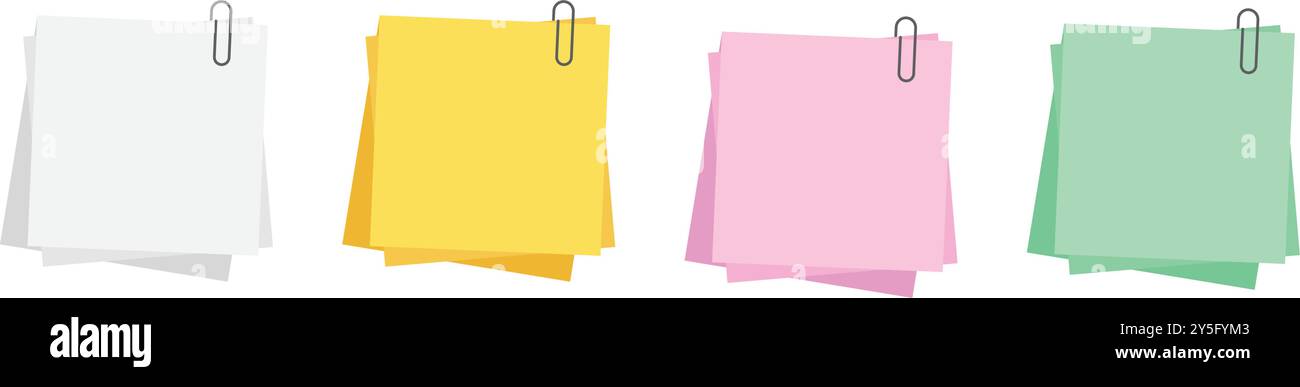Paper note with clip set in flat style. Note paper pieces vector ...