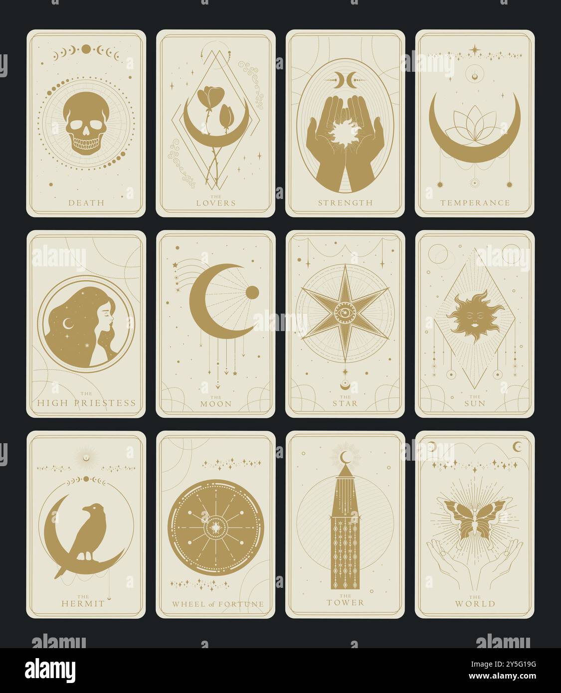 Golden Major Arcana symbols tarot cards design set. Tarot symbolism. Mystery, astrology, alchemy ...