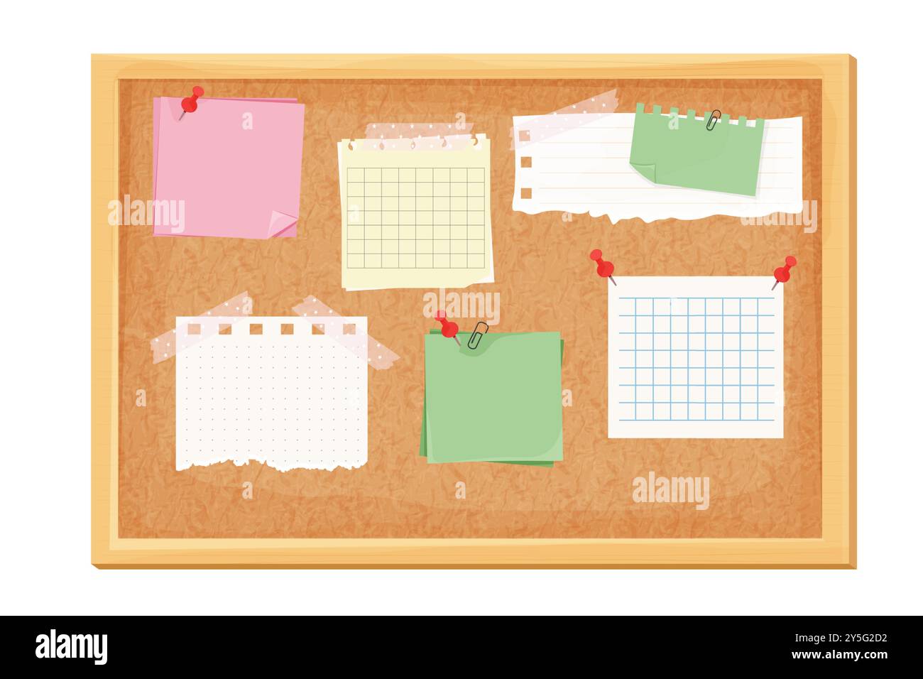 Sticky notes, paper reminder on corkboard with pin, tape. Memo notes ...