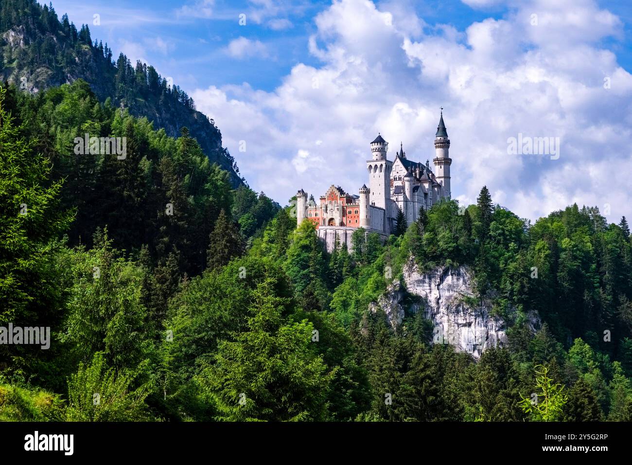 Castle Neuschwanstein, located on top of a rock, surrounded by deep ...